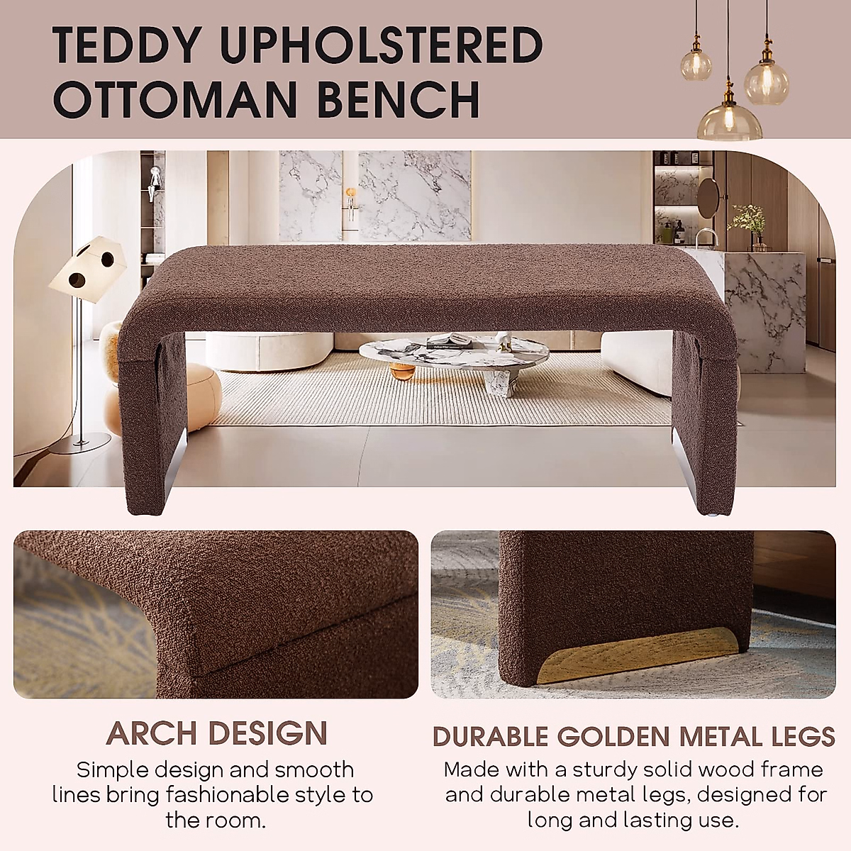 NIOIIKIT 43.3'' Ottoman Bench with Boucle Fabric, Faux Fur End of Bed Bench with Golden Metal Legs, Upholstered Entryway Bench for Living Room, Bedroom, Entryway (Brown)