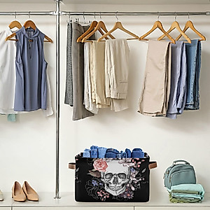 Sugar Skull Flower Floral Vintage Storage Bin Canvas Toys Storage Basket Bin Large Storage Cube Box Collapsible with Handles for Home Office Bedroom Closet Shelves,1 pc