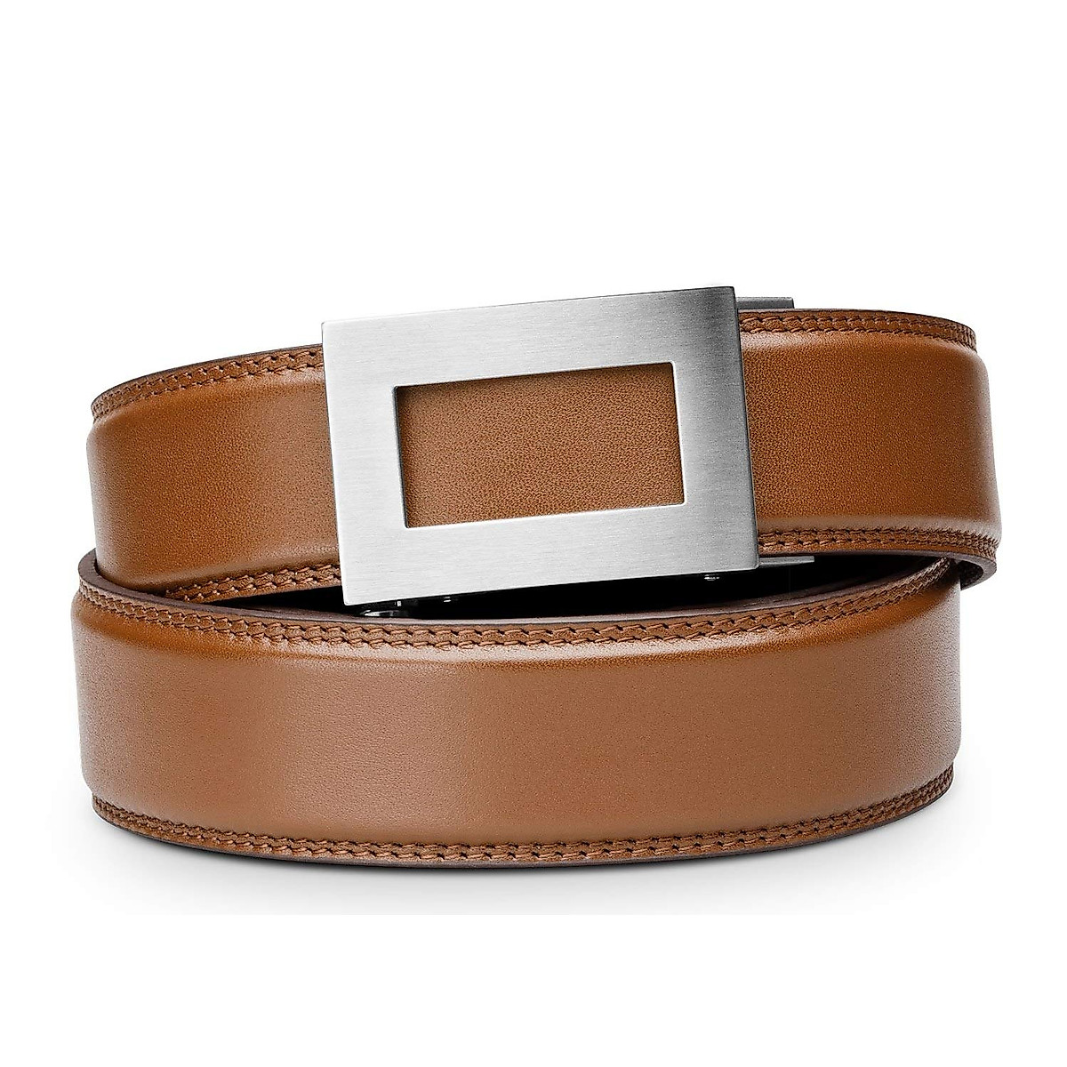 KORE Men’s Full-Grain Leather Track Belts | “Icon” Stainless Steel Buckle (24" to 44", Cognac)