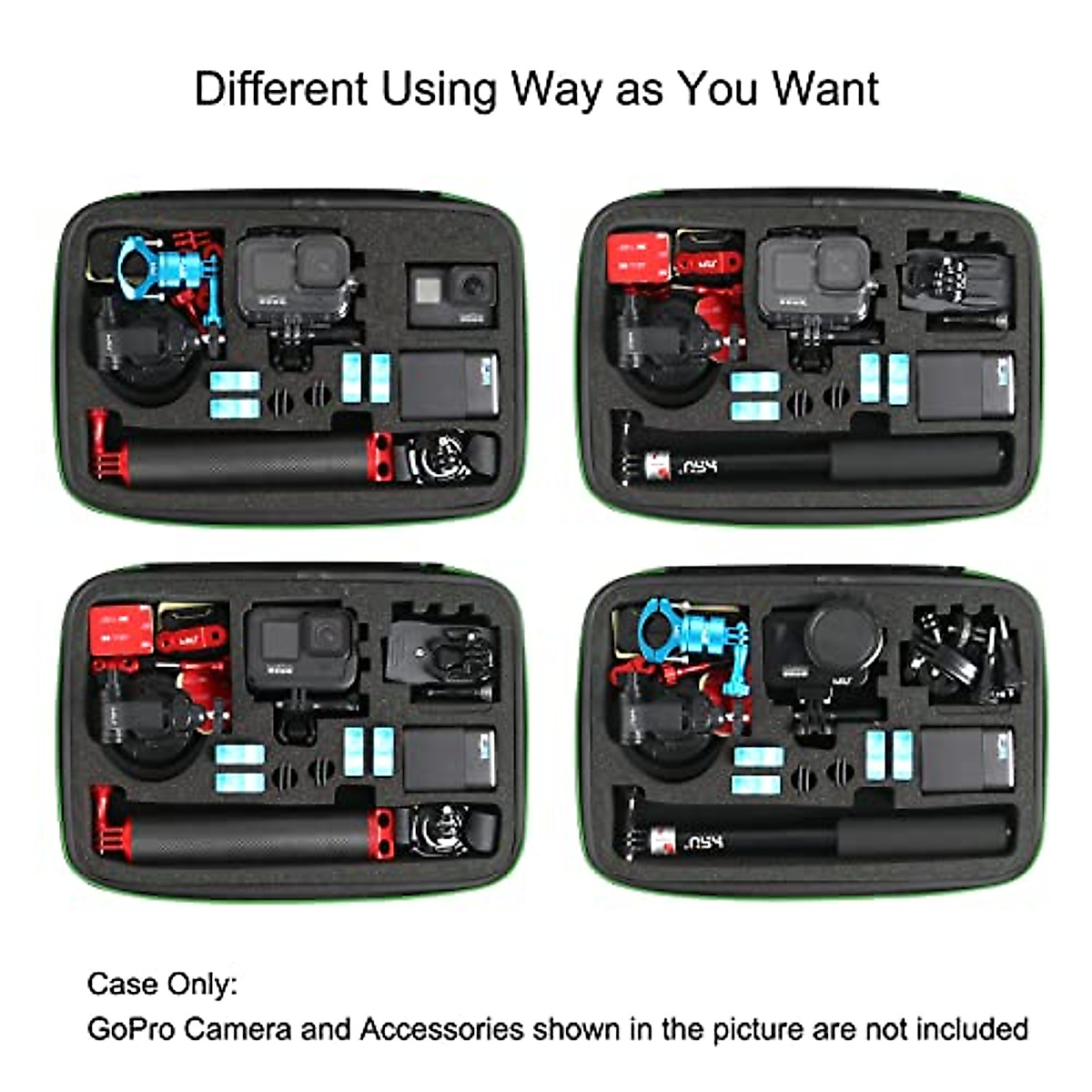 HSU Large Carrying Case for GoPro Hero 10 Hero 9 Hero 8 and Accessories, DJI Osmo Action,AKASO,Campark,YI Action Camera and More (Upgrade Sponge Precut Slots) (Green)