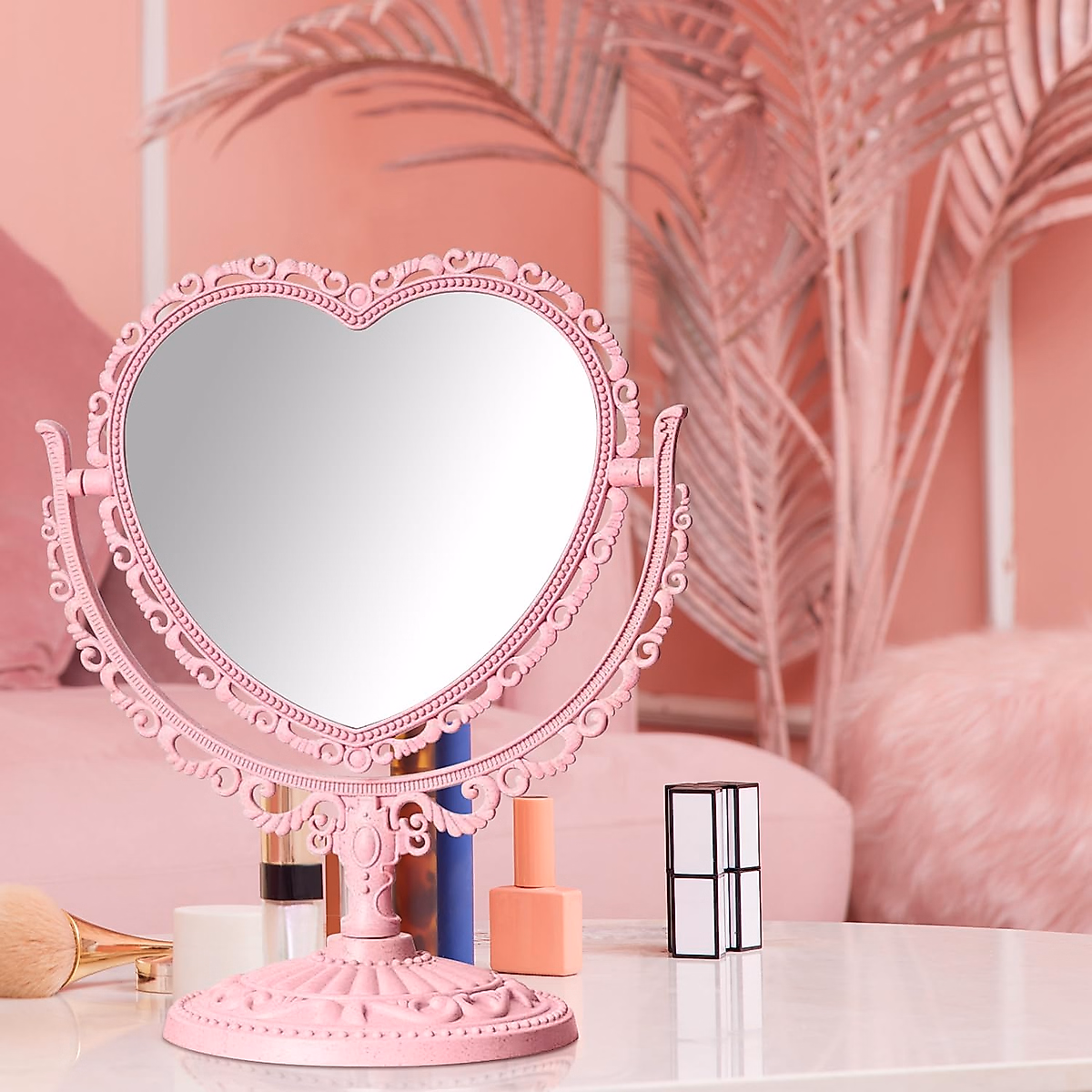 QEEYON Pink Heart Vanity Mirror - 360 Degree Swivel Makeup Double Sided Table Desk Countertop Stand for Dresser Bathroom Bedroom - Aesthetic Cosmetic Mirror for Women Girls