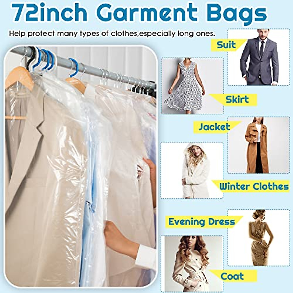 40 Pcs Garment Bags for Hanging Clothes Dry Cleaner Bags Plastic Clear Garment Bags Dry Cleaning Bags for Launderette Wedding Dresses Suits Coats (72 Inch)