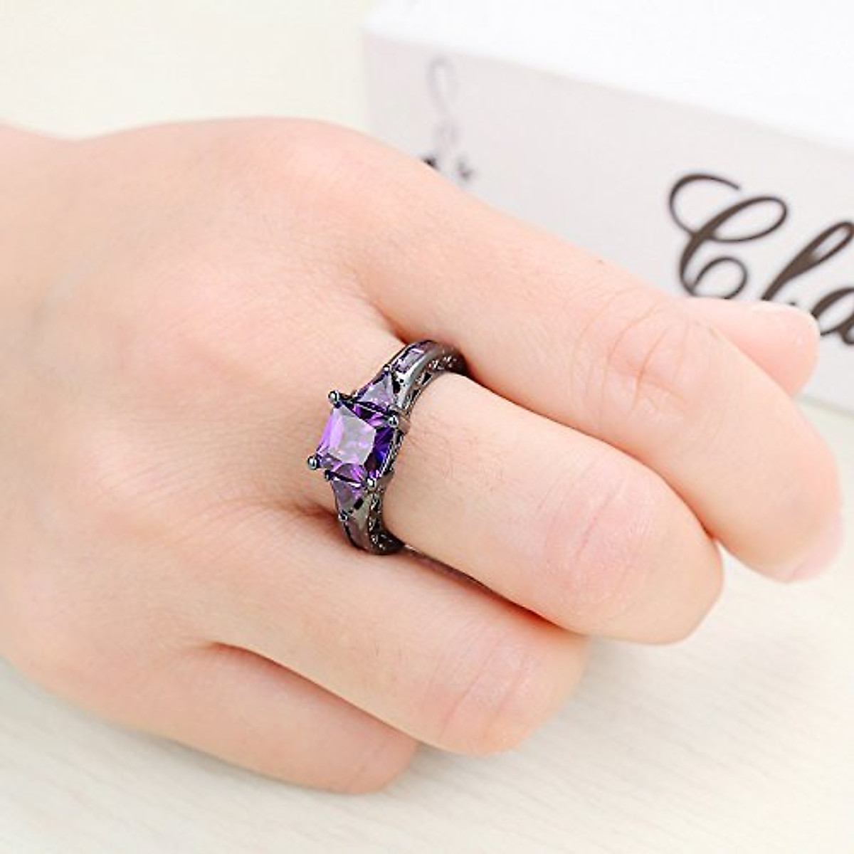 SUKKCCNO Vintage Amethyst Cubic Zirconia Rings Gothic Purple Crystal Square Cut Black Rings Wedding Band Anniversary Mother's Day Holiday Gift Jewelry (Size-8)