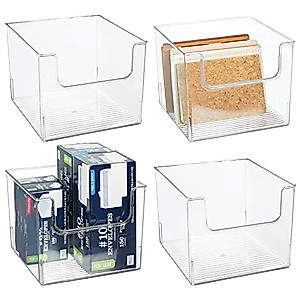 mDesign Modern Plastic Open Front Dip Storage Organizer Bin Basket for Home Office Organization - Shelf, Cubby, Cabinet, Cupboard, and Closet Organizing Decor - Ligne Collection - 4 Pack - Clear