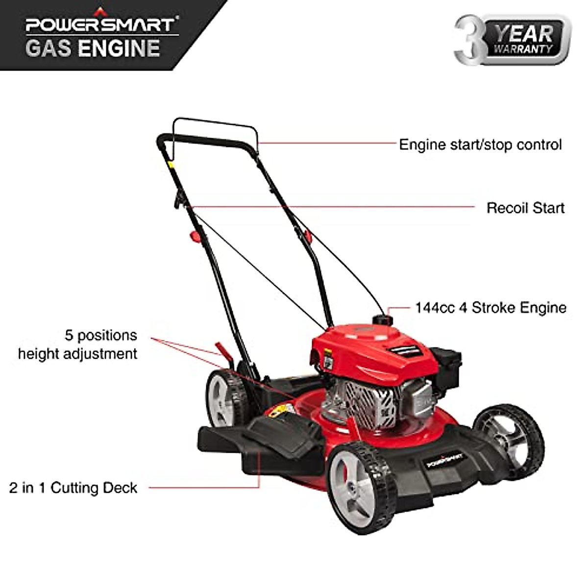 PowerSmart 21 in. 144cc 2-in-1 Walk-Behind Gas Lawn Mower, Mulching Push Lawn Mower, Red (DB8621CRX)