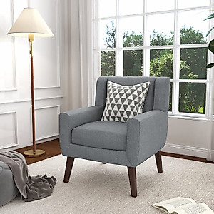 UIXE Comfy Arm Accent Chairs for Bedroom, Mid Century Modern Armchair Living Room Sofa Chair with Wooden Legs, Linen Fabric Button Tufted Upholstered Reading Chair for Home Office (Gray)