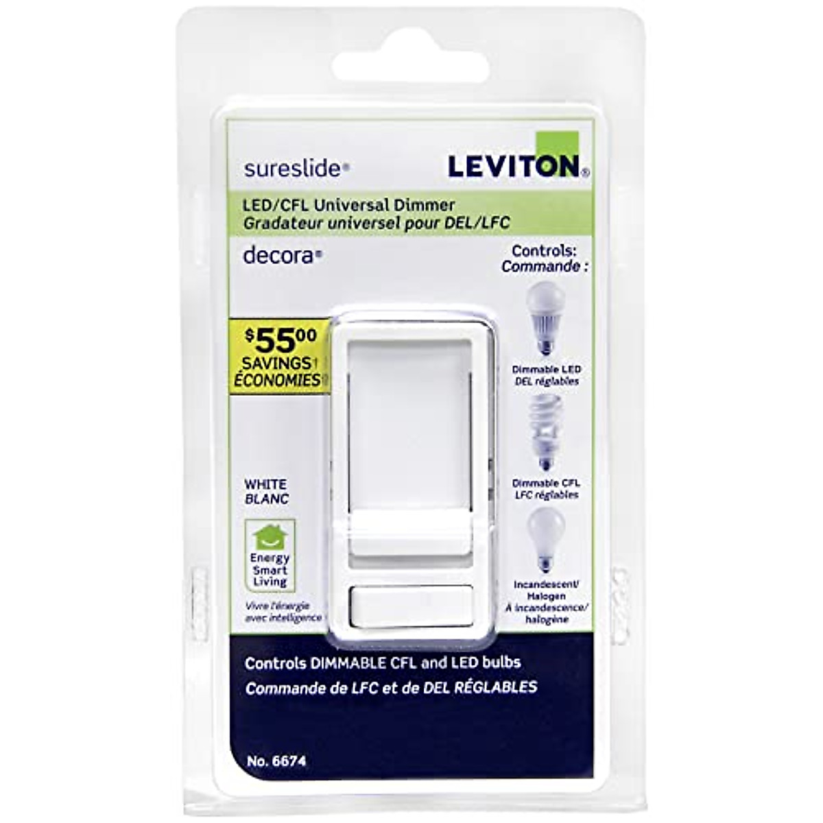 Leviton 6674-P0W SureSlide Universal 150-Watt LED and CFL/600-Watt Incandescent Dimmer, White