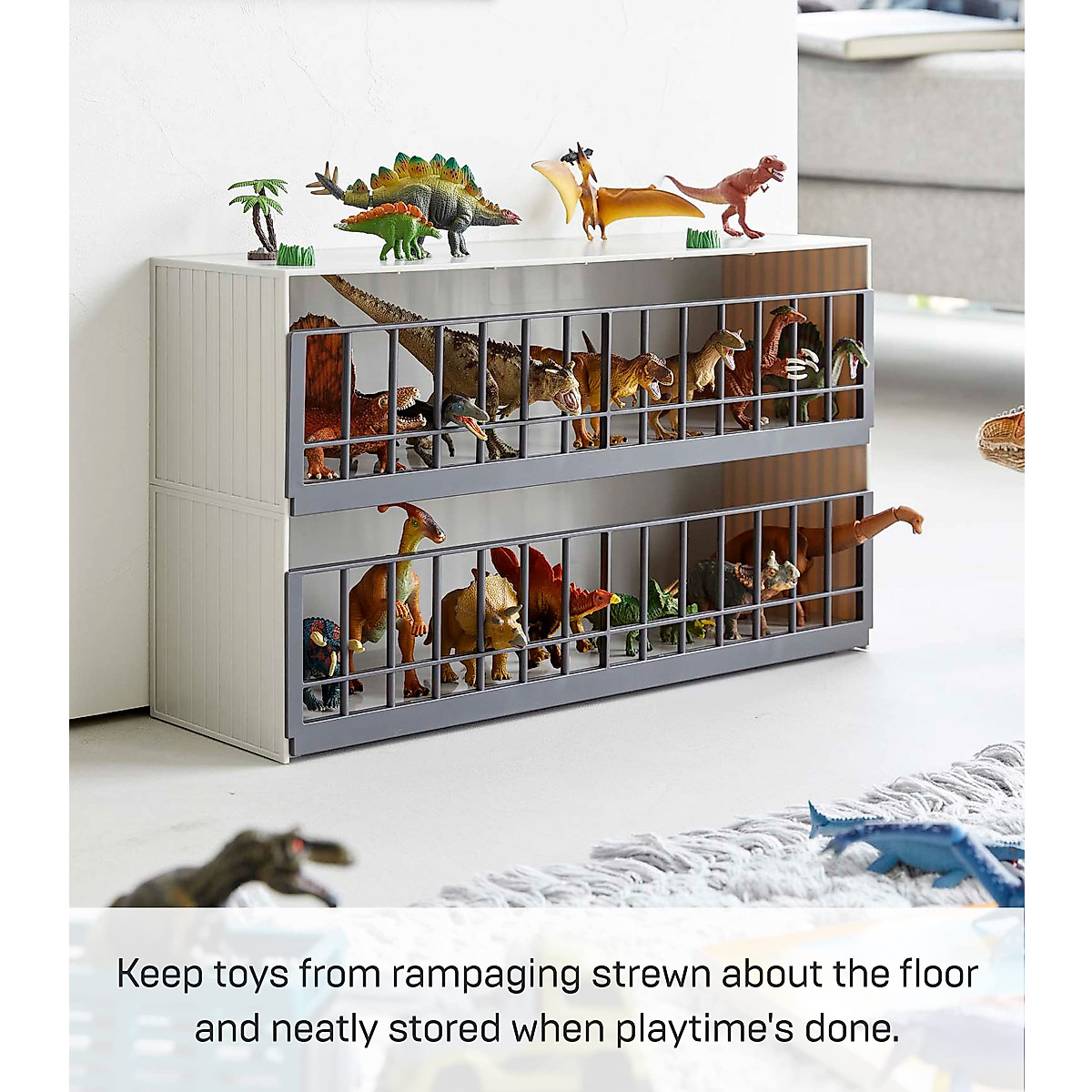 Yamazaki Home Two-Tier Toy Dinosaur and Animal Display Storage Rack, Childrens' Toy Bin Organizer Box, Plastic, Stackable, No Assembly Req.