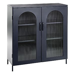 Creative Co-Op Solstice Wide Metal 2 Adjustable Storage Shelves and Arched Glass Door, Black Accent Cabinet, 40"