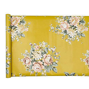 Yifely Vintage Peony Floral Shelving Paper Dark Yellow Peel & Stick Shelf Liner Dresser Drawer Sticker 17.7 Inch by 9.8 Feet