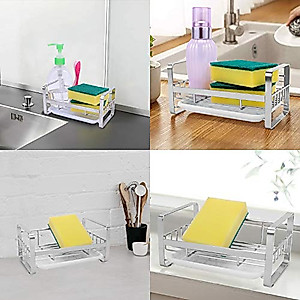 Kitchen Sink Caddy Organizer, Sponge Holder for Sink, Sponge、Soap and Brush Holder/Organizer with Drain Pan, 304 Stainless Steel Rustproof Sponge Holder for Sink