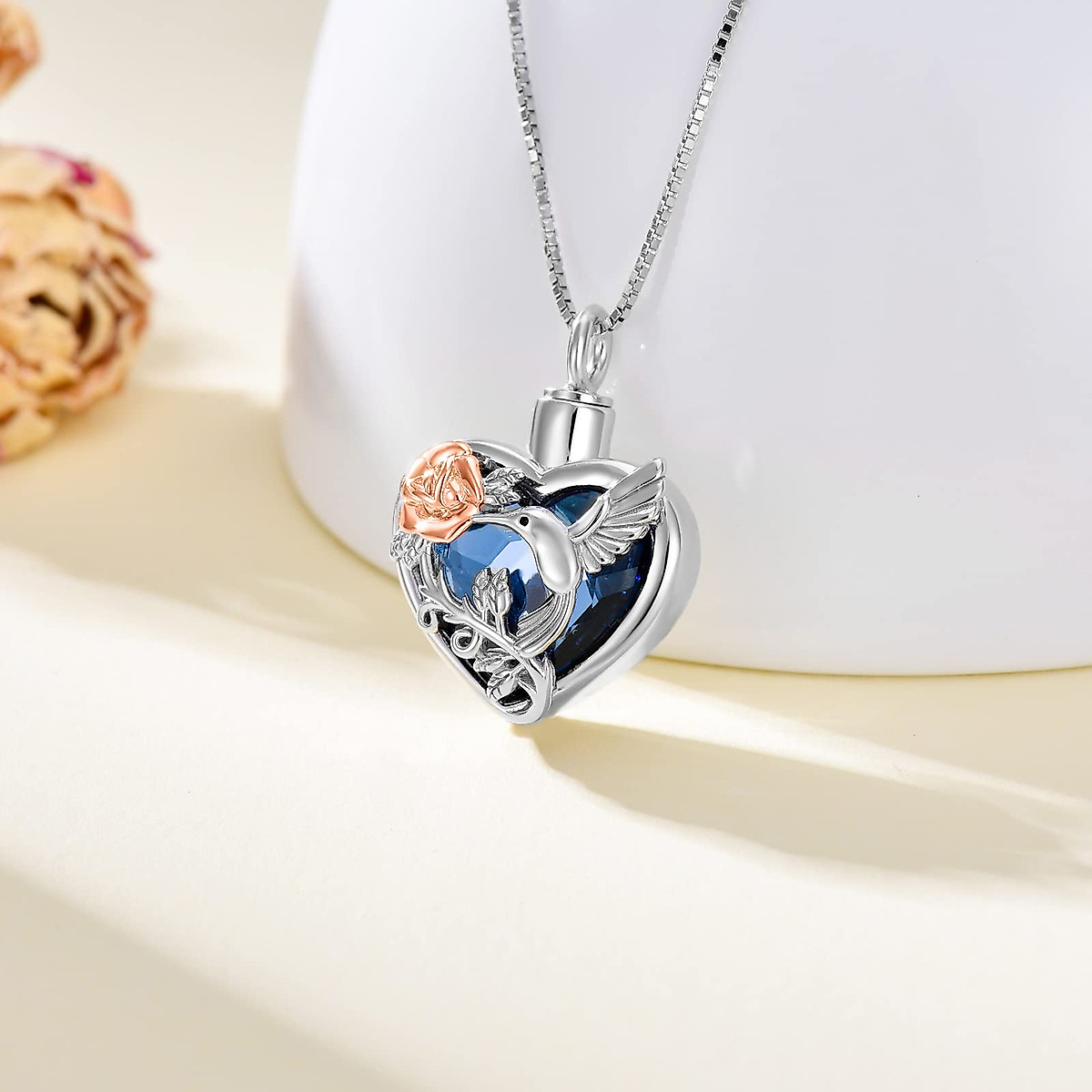 TOUPOP Hummingbird Urn Necklace for Ashes Sterling Silver with Blue Heart Crystal Cremation Jewelry w/Funnel Filler Memory Jewelry for Women
