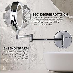 OVENTE 7" Lighted Wall Mount Makeup Mirror with 1X/10X Magnification, Cordless Double Sided Magnifying Round Vanity Mirror, 360° Swivel Design, Extendable and Folding Arm, Polished Chrome MFW70CH1X10X