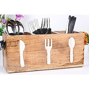 TrendBell Christmas Gift 3-Slot Wooden Utensil Caddy for Kitchen Countertop, Multi-Purpose Wooden Desk Organizer Work Desk, Bathroom, Cutlery Caddy, Office Supplies Organizer – 10.75 X 3.5 X 4 Inches