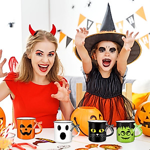 Whaline 4Pcs Halloween Mini Mugs with Plaid Ribbon Cat Monster Ghost Pumpkin Mini Coffee Mug Halloween Party Cups for Table Centerpieces Tiered Tray Decor Gifts