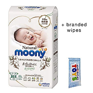 Baby Organic Diapers Size NB (0-11 lb) 63 count – Moony Natural Diapers Bundle with Americas Toys Wipes Japanese Diapers Organic Cotton Additive-free Ingredients Notification Strips Packaging May Vary