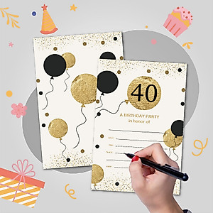 VNWEK 40th Birthday Party Invitations With Envelopes,Black and Gold Balloons Double-sided Printed Birthday Invitation Invite Cards for Women Men,40 Year Old Birthday Invites(20 Sets)