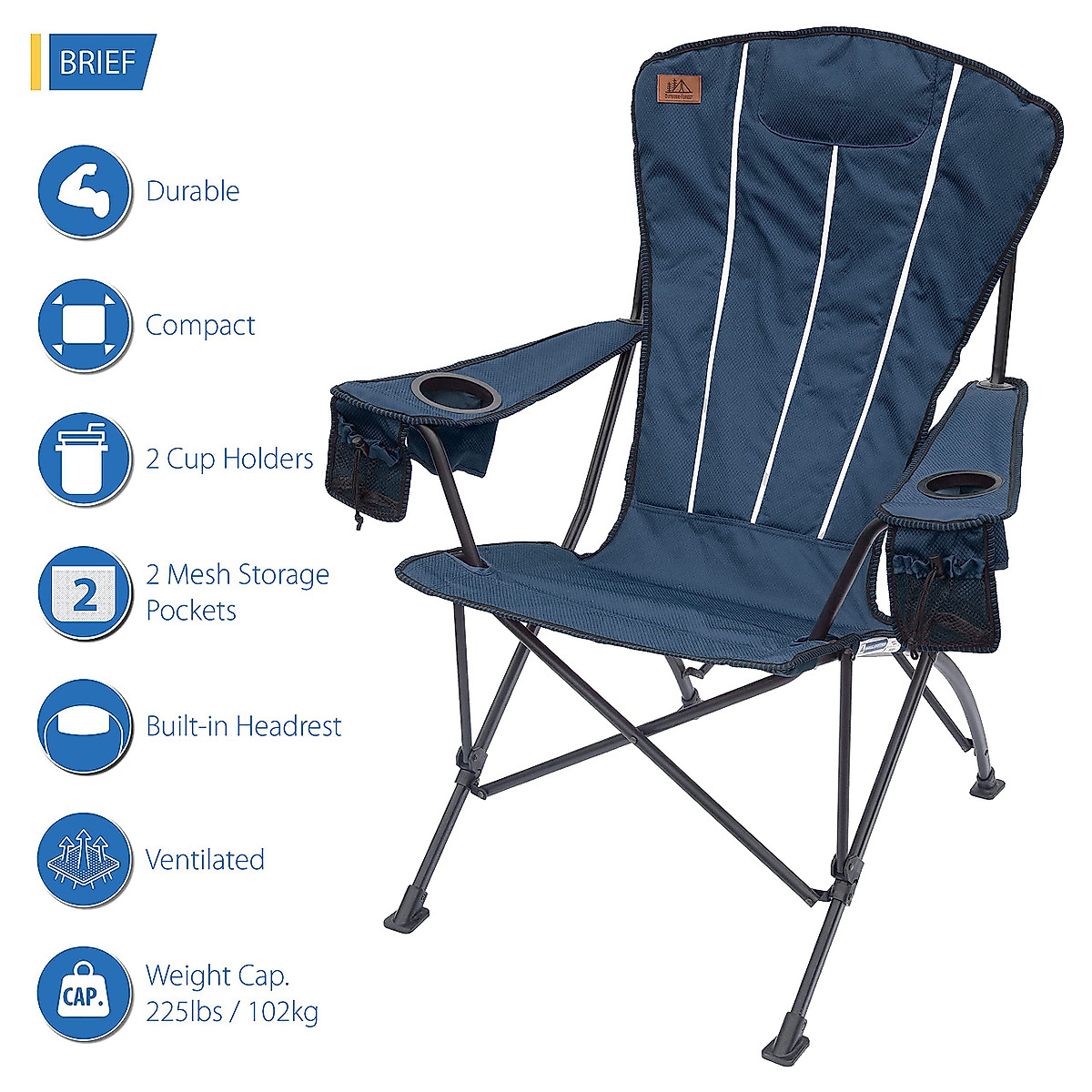 Outdoor-Forest HIGHBACK Adirondack Folding, Portable camping chair,Built in pillow. Two cup holder, Extra storage mesh pocket (Navy)