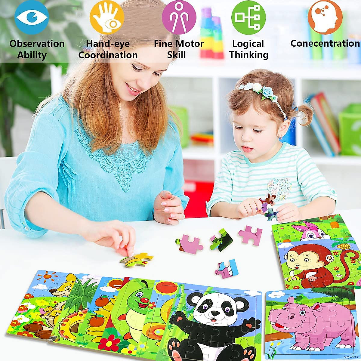 Puzzles for Kids Ages 3-5, 9 Pack Wooden Jigsaw Puzzles for Toddlers Ages 3-5 16 Pieces Preschool Educational Learning Toys Set Animals Puzzles for 3 4 5 Years Old Boys and Girls