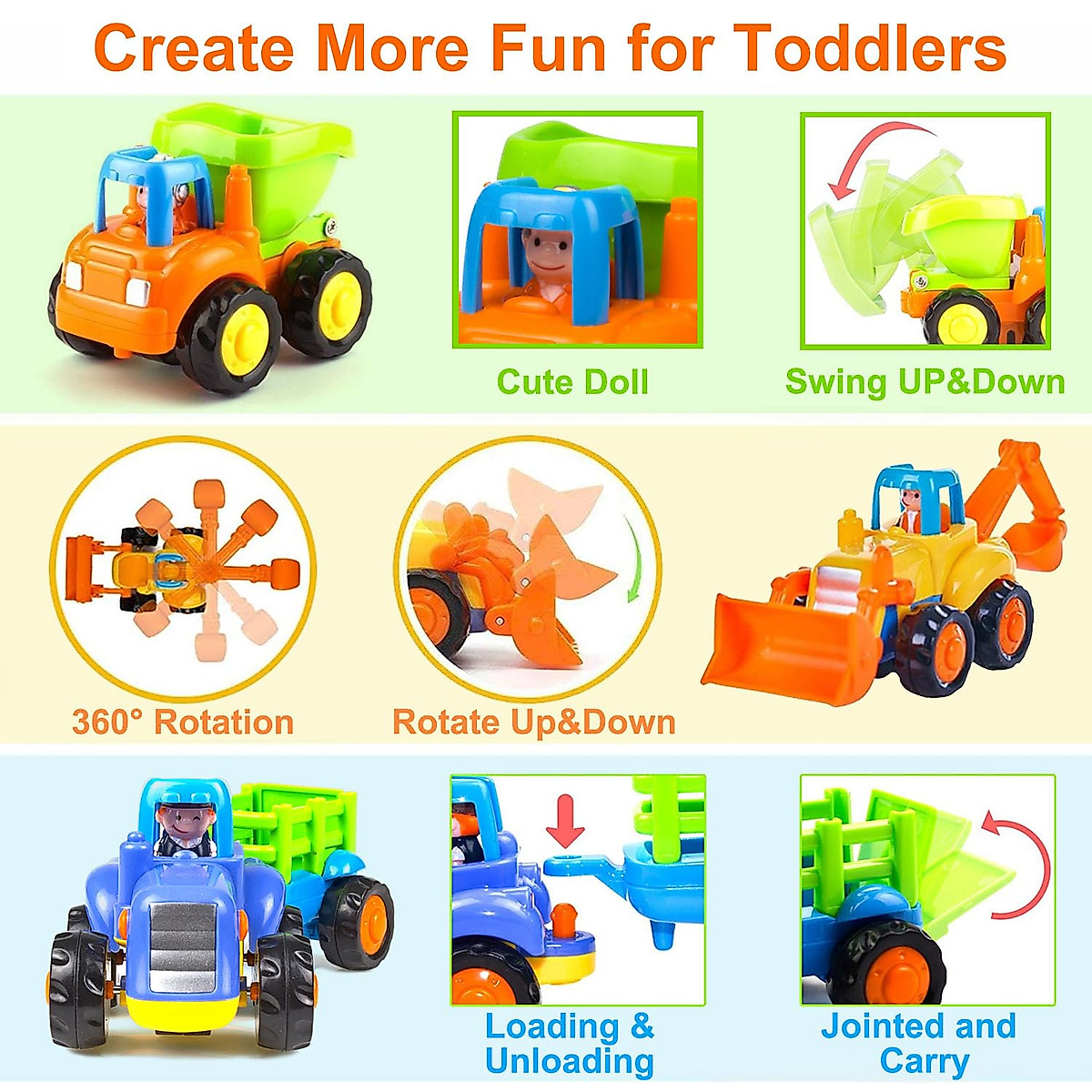 Yiosion Push and Go Friction Powered Cars Construction Vehicles Toy Set Tractor Bulldozer Mixer Truck Dumper for 1 2 3 Year Old Baby Toddlers Boys Gifts