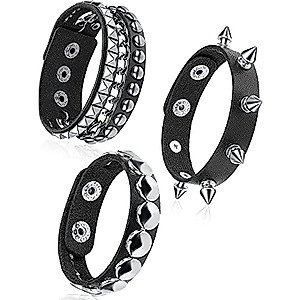 Hicarer 3 Pieces Leather Punk Bracelet for Men Women 80s Wristband Goth Punk Rock Bracelet Cuff Bangle Unisex for Halloween Party Favors Accessories(Vintage Style)