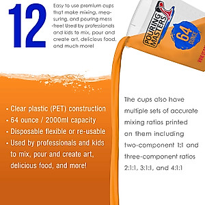 Pouring Masters 64 Ounce (2000ml) Graduated Plastic Mixing Cups (Box of 12) - Use for Paint, Resin, Epoxy, Art, Kitchen, Cooking, Baking - Measurements in OZ. and ML., 4 Different Measuring Ratios 1:1