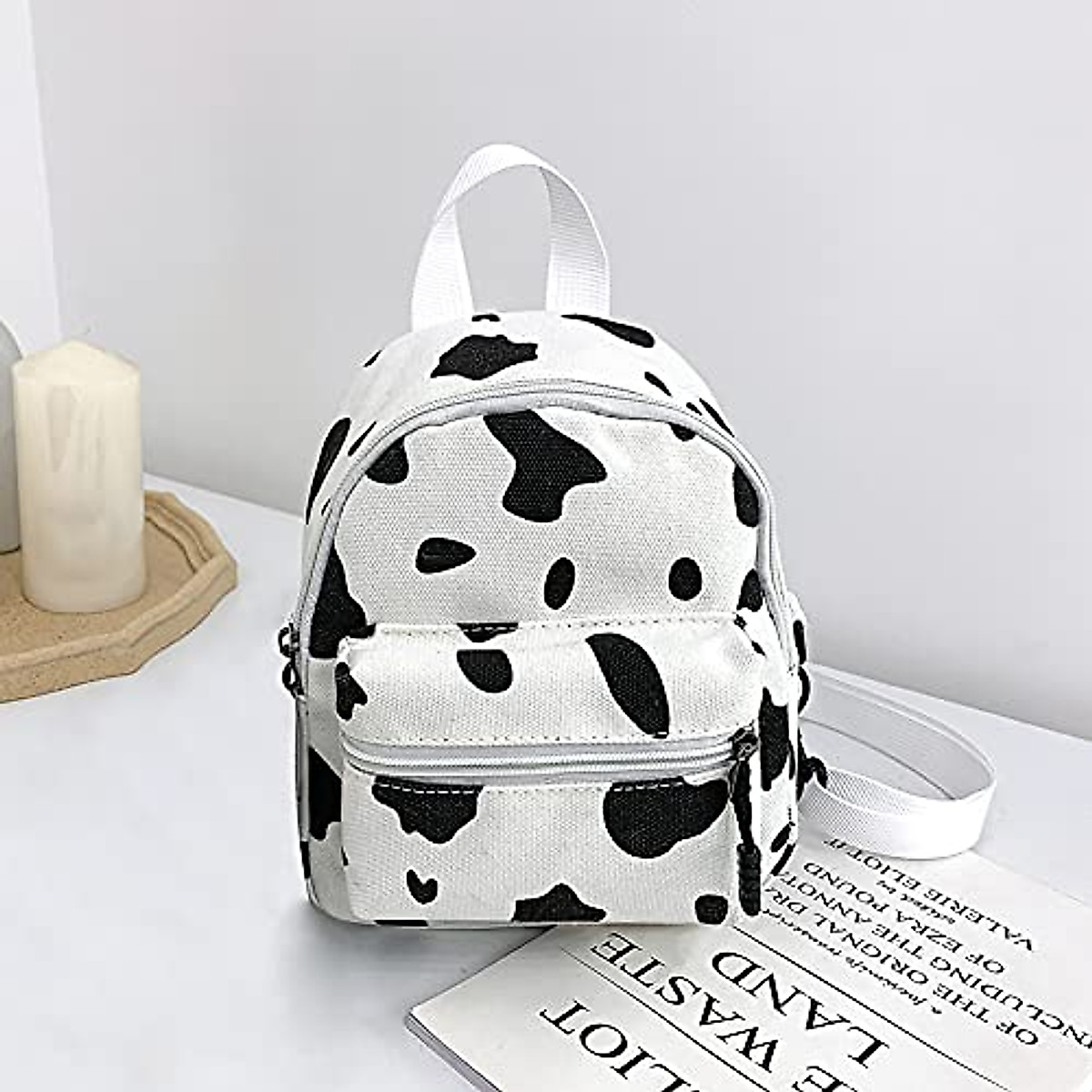 AIZHIYI Cow Print Backpack Women Canvas Schoolbag Teenage Girl Mini Bagpack (White)
