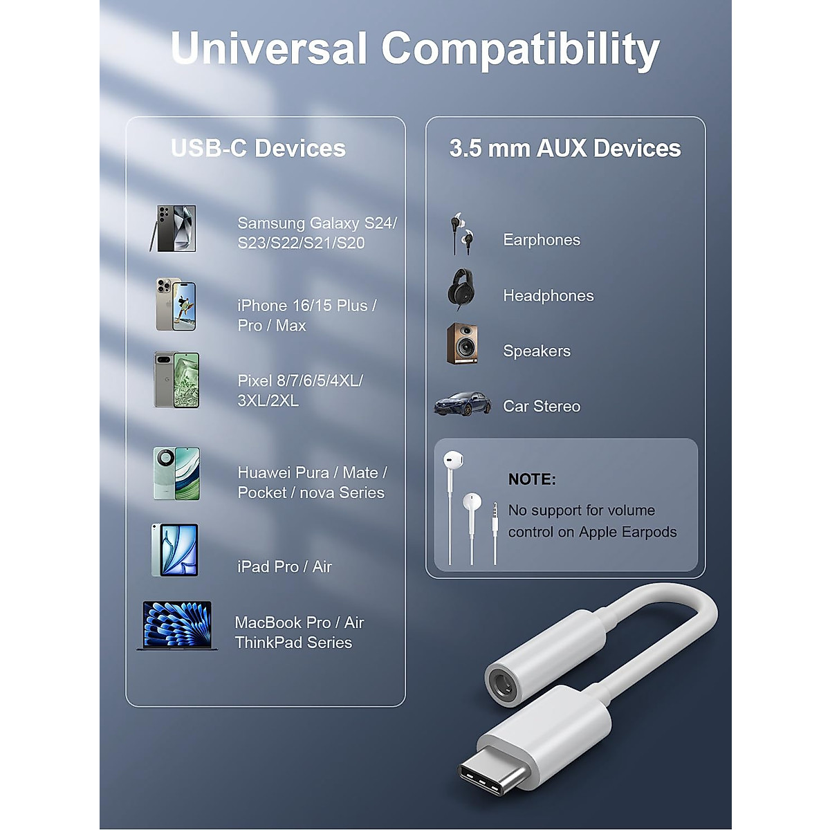 USB-C to 3.5mm Audio Headphone Adapter - HiFi 2 Pack Compatible with Apple iPhone 16 15 Samsung Galaxy S24 S23 S22 S21 Plus Pro Max Ultra Pixel iPad - Type C to Jack Dongle Adapter