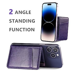 LINYUNE Phone Wallet Stick On for iPhone Cases, MAX 6 Credit Cards Holder Flip Leather Pocket for Most Smart Cell Phones (Purple)