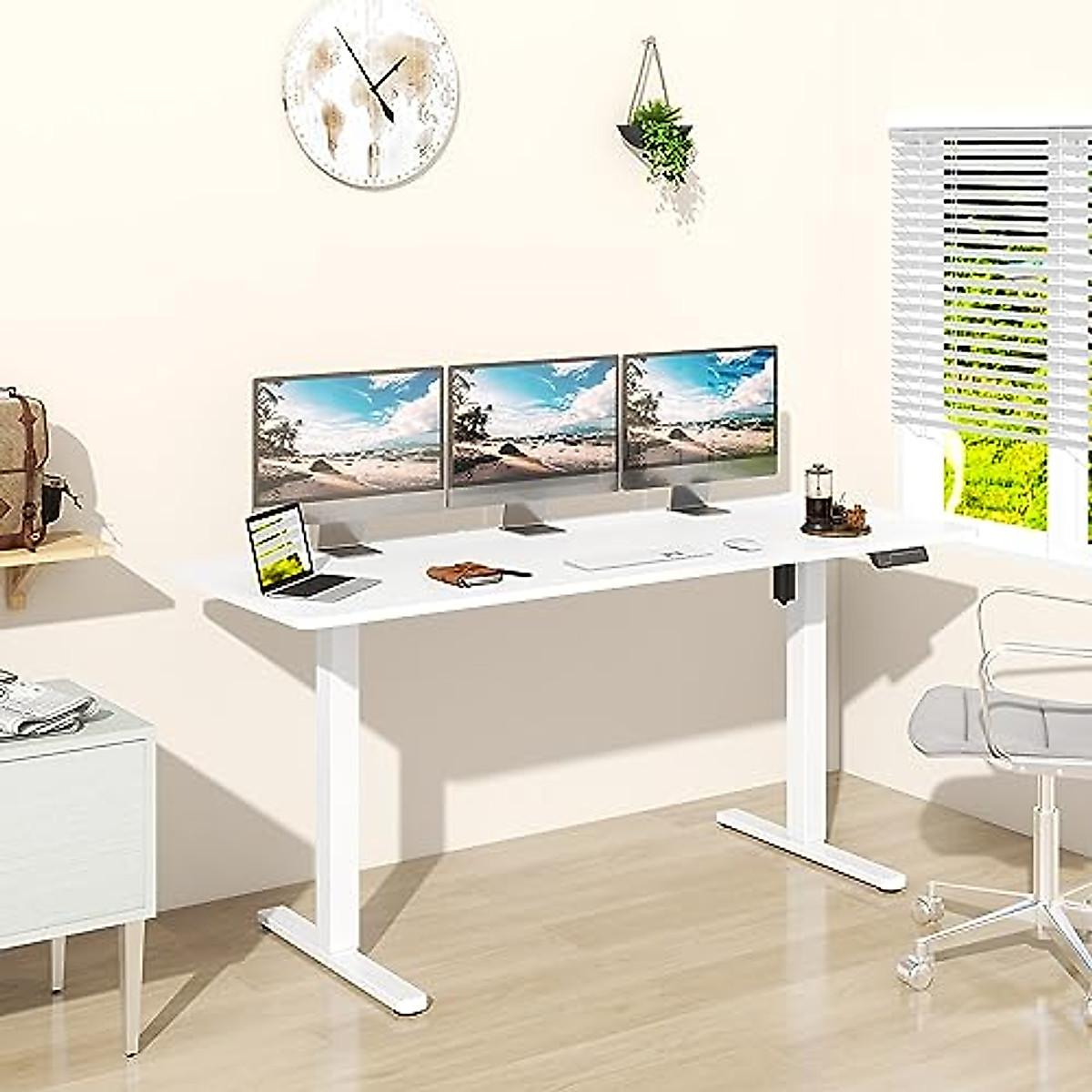 Lubvlook 63 Inch Electric Adjustable Height Standing Desk, Home Office Sit Stand Desk with Splice Board, 63" x 24", White