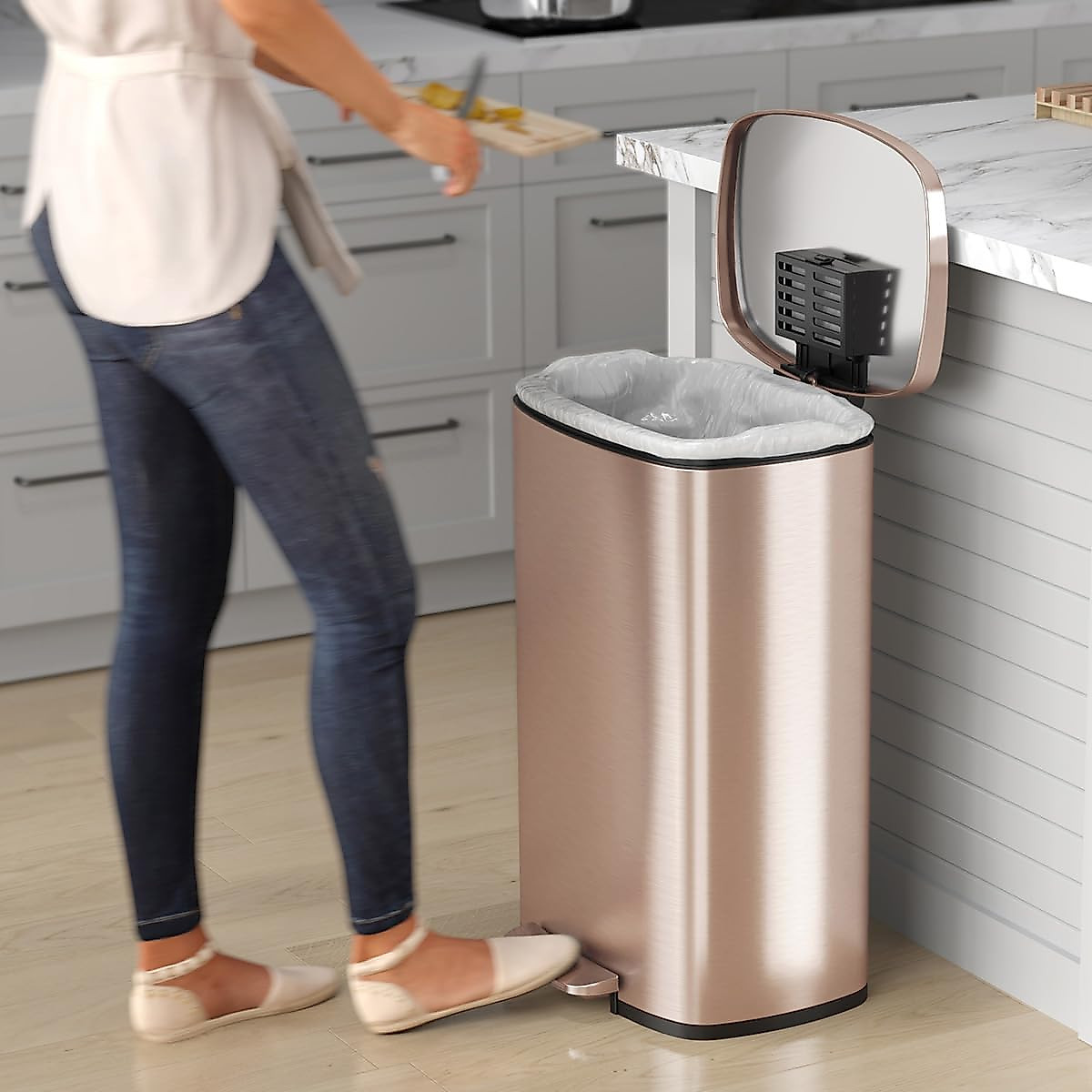 ITouchless SoftStep 13.2 Gallon Step Kitchen Trash Can with Lid and Odor Filter, Rose Gold Stainless Steel 50 Liter Trashcan for Home Office Bedroom Garage Living Room Bathroom Slim Wastebasket