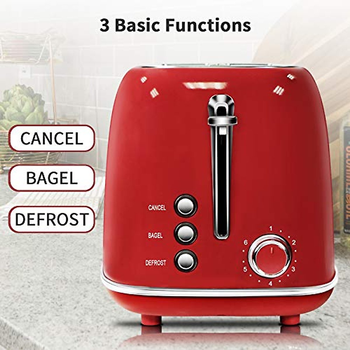 Toaster 2 Slice Stainless Steel Toaster Retro with 6 Bread Shade Settings, Bagel, Cancel, Defrost Function, 2 Slice Toaster with Extra Wide Slot, Removable Crumb Tray, Red