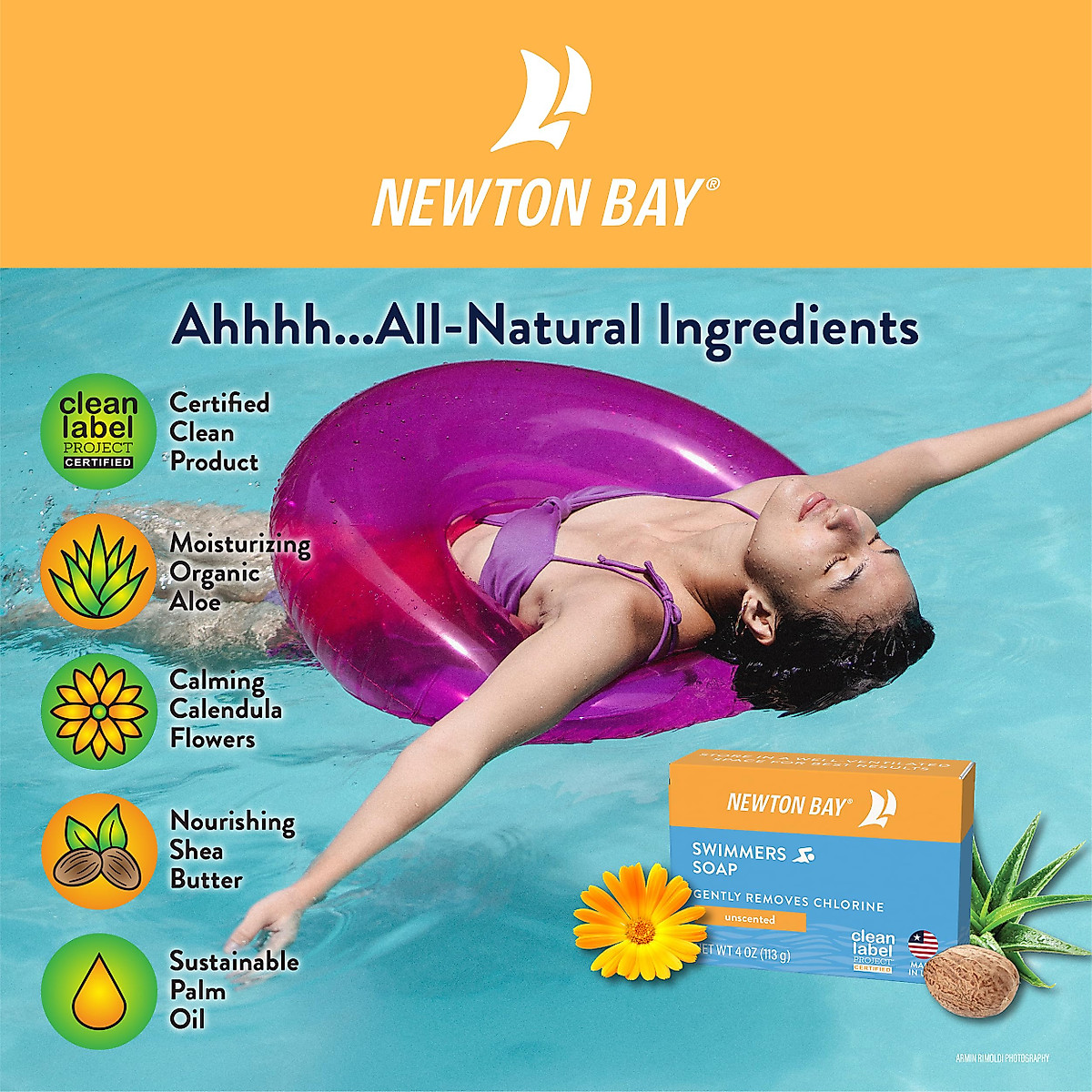 Newton Bay Swimmers Soap | All Natural Body and Face Wash Soap Bar | Gently Washes Away Chlorine After Swimming | Revitalizes Sensitive Skin | 2-Pack of 4 Ounce Soap Bars