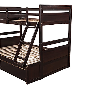 Harper & Bright Designs Solid Wood Bunk Bed with Storage Drawers, Twin Over Full Bunk Bed with Ladder and Safety Guard Rail for Boys, Girls, Teens and Adults (Espresso)