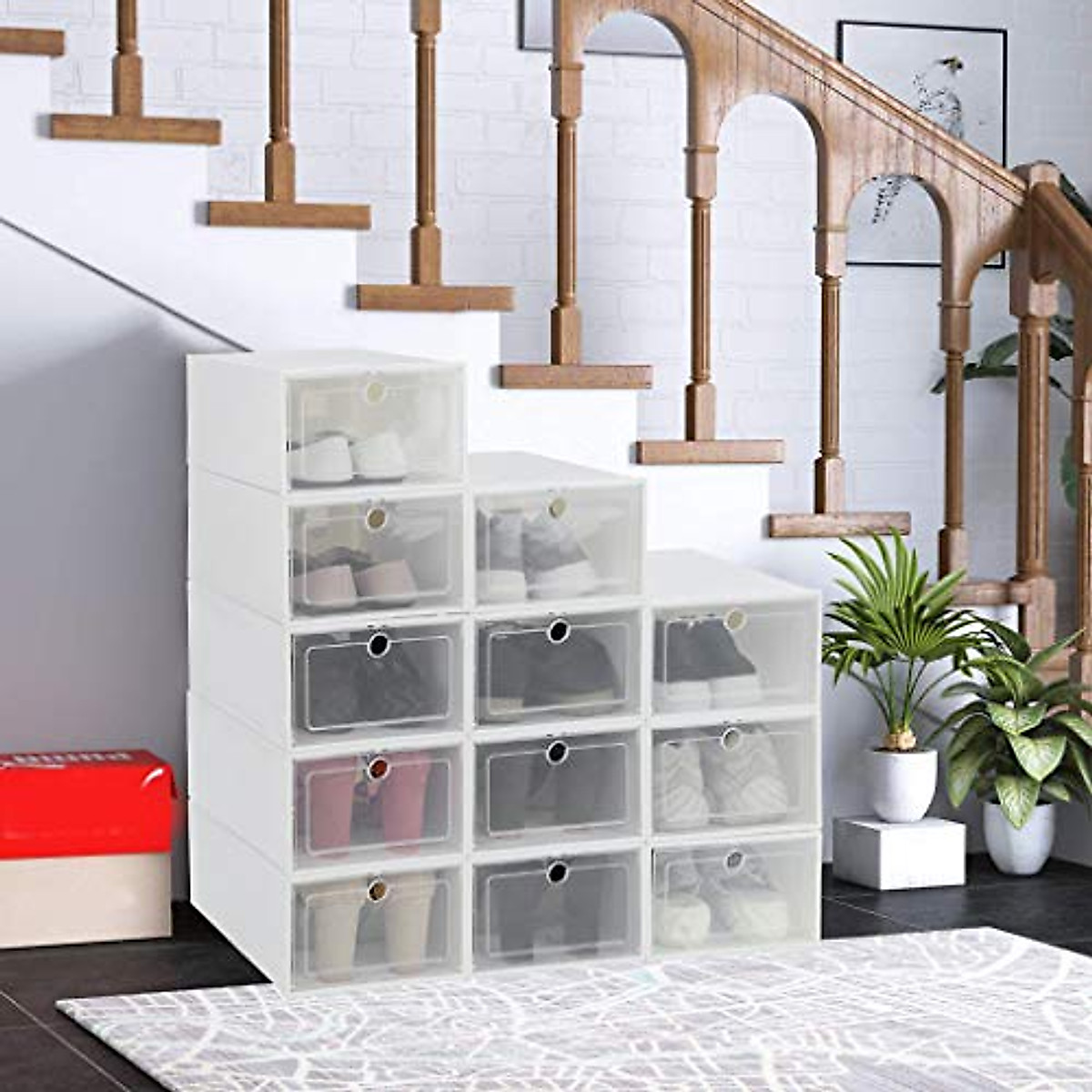 Micozy 12Pcs Foldable Shoe Box Storage Plastic Transparent Case Stackable Organizer 12.99x9.45x5.12 inch