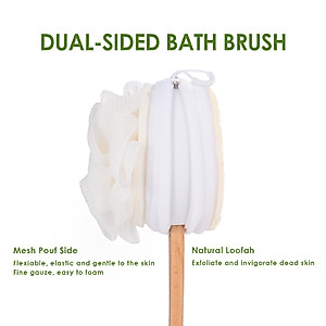 Shower Body Scrubber with Curved Long Handle, Dual-Sided Brush with Soft Mesh and Natural Loofah for Skin Exfoliating, Back Body Exfoliator for Bath