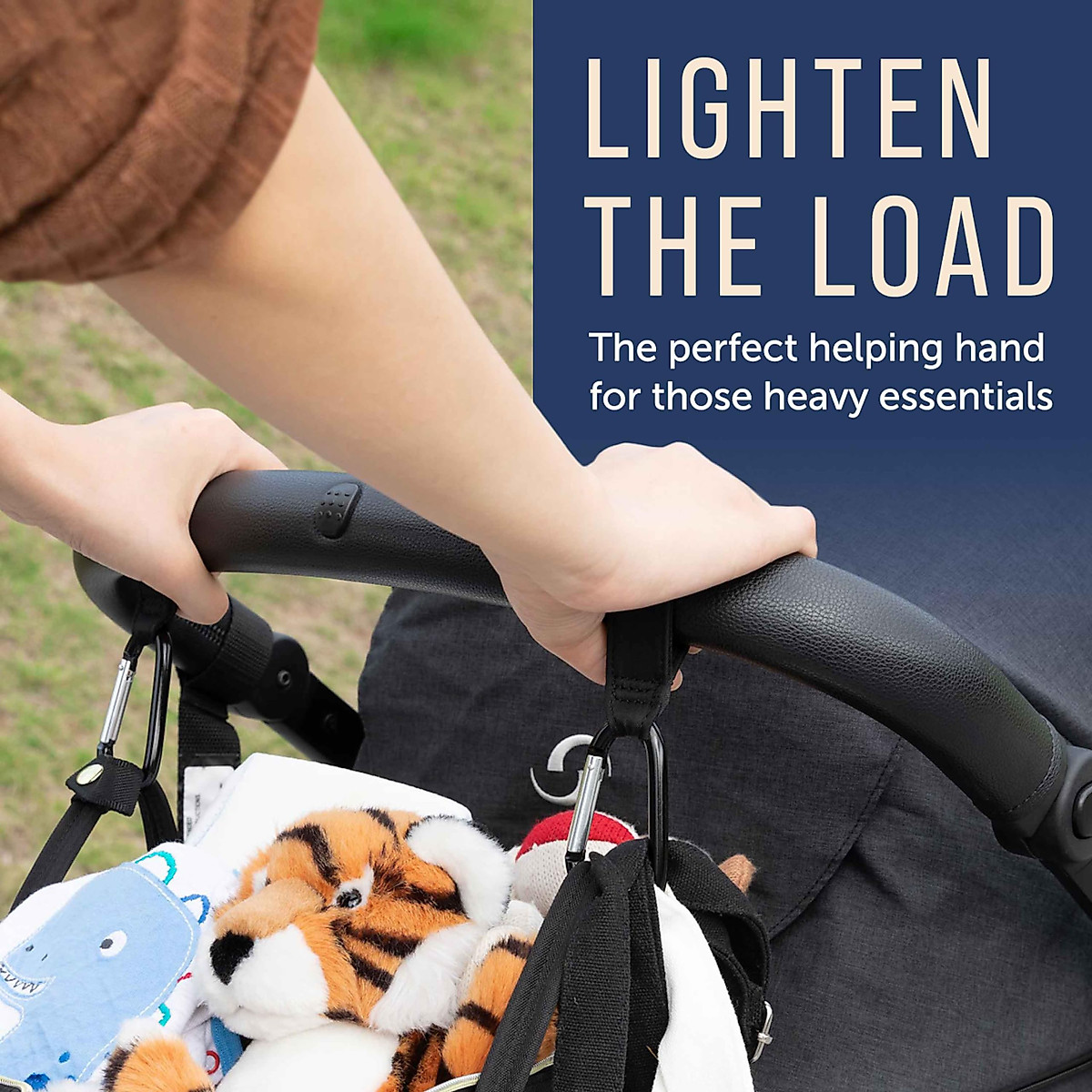 Maplefield Baby Stroller Hooks with Large Carabiner Clip - 4 Pack - Great for Organizing Diaper Bags, Purses, and Shopping Bags - Easy-to-Attach Design for On-The-Go Parents - Stroller Accessories