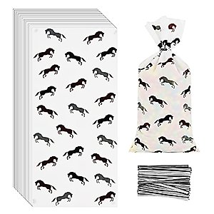Lecferrarc 100 Pcs Horse Treat Bags Horse Cellophane Candy Bags Horse Racing Plastic Goodie Storage Bags Horse Party Favor Bags with Twist Ties for Cowboy Theme Birthday Party Supplies