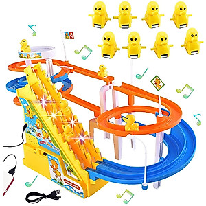 Small Ducks Climbing Toys, Electric Ducks Chasing Race Track Game Set, Playful Roller Coaster Toy with 8 Duck LED Flashing Lights & Music Button, Fun Duck Stair Climbing Toy for Toddlers and Kids (C)