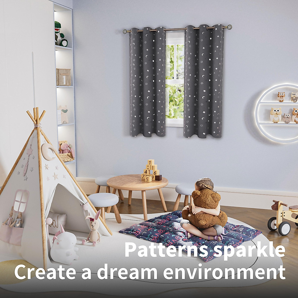 BGment Kids Curtains for Nursery, Star and Moon Blackout Curtains for Boys Girls Bedroom 63 Inch Length, Room Darkening Thermal Insulated Grommet Curtains for Baby, Dark Grey, 2 Panels of 42 x 63 Inch