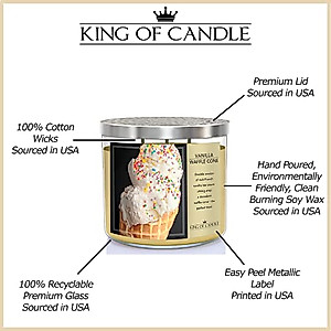 King of Candle - Vanilla Waffle Cone Candle | Large 3 Wick Highly Scented Soy Wax/Long Lasting/Vanilla Bean Ice Cream Scented Candle | 14 oz + Decorative Lid