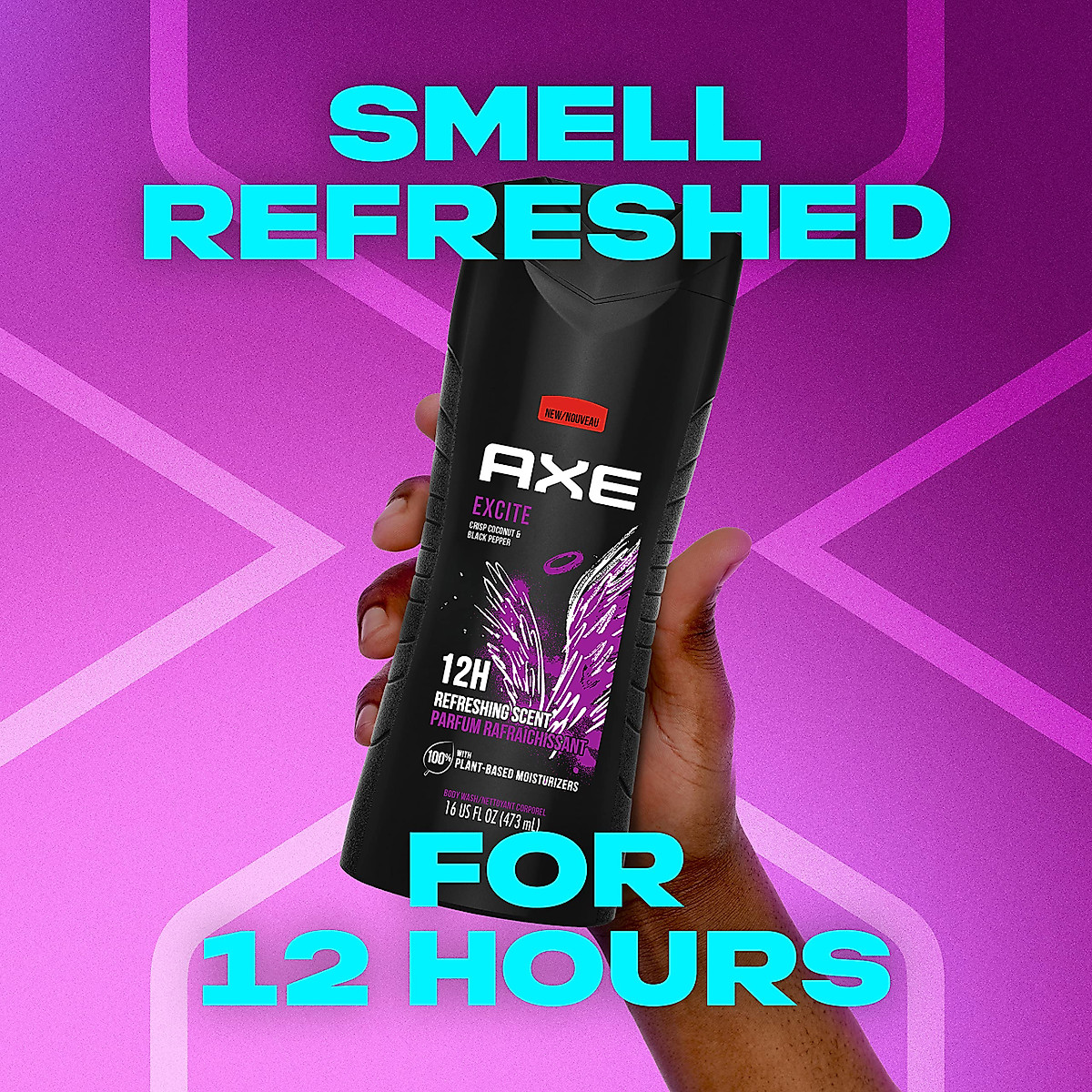 AXE Body Wash 12h Refreshing Scent Excite Crisp Coconut & Black Pepper Men's Body Wash with 100% Plant-Based Moisturizers 16 oz 4 Pack