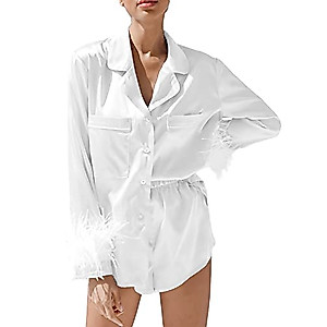 Women 's 2 PCS Feather Silk Pajamas Set Long Sleeve Buttons Down Shirt Top Short Pants Sleepwear PJs (White, Small)