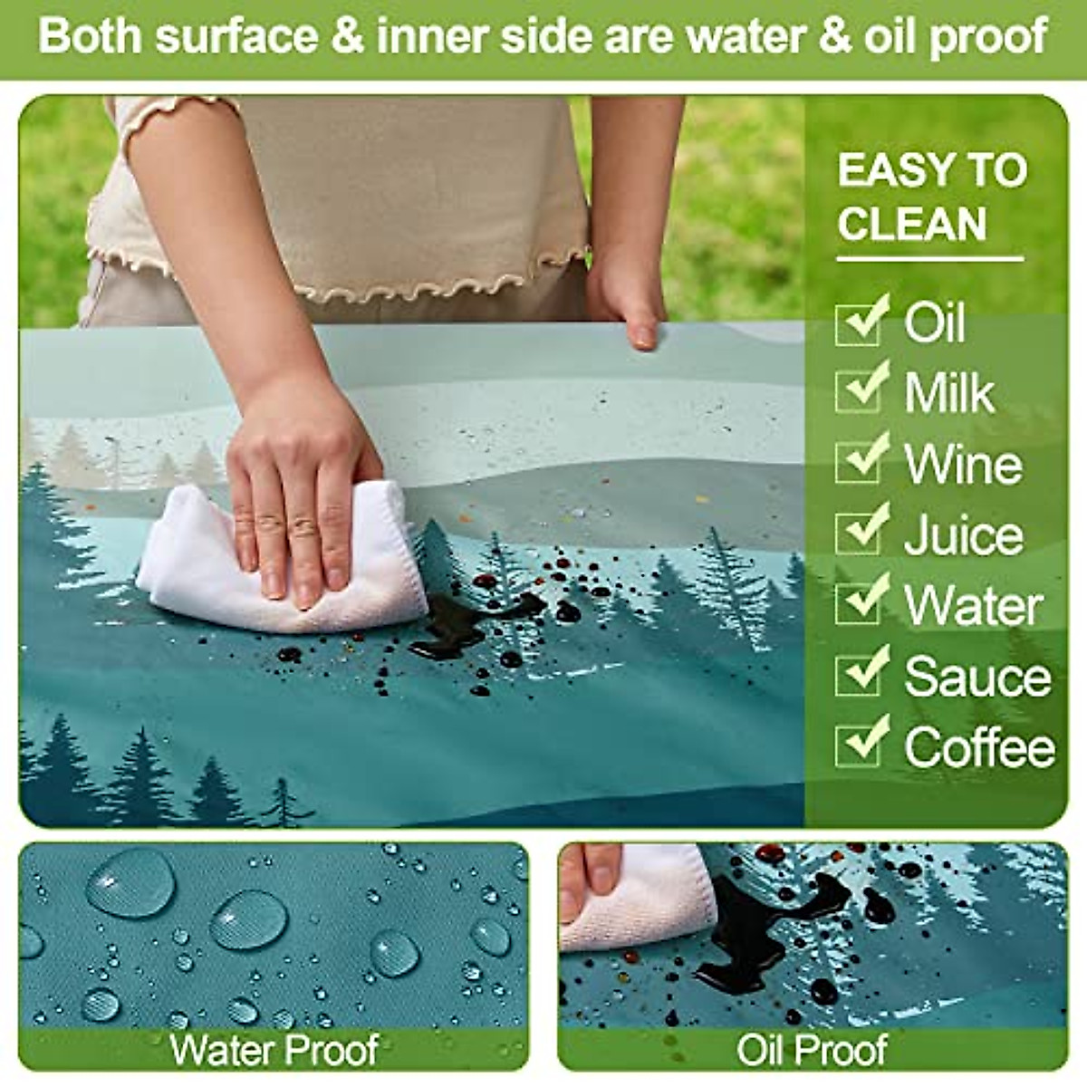 Picnic Table Cover with Bench Covers Camping Essentials Waterproof Windproof Camping Tablecloth with Drawstring Bag, Fitted Rectangle Tables and Seats, 72in, Green Blue