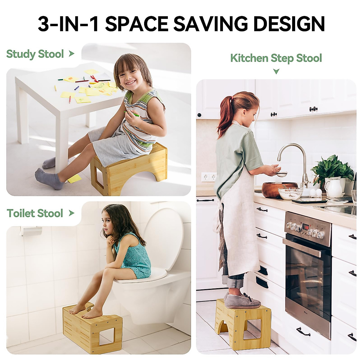 AmazerBath Potty Training Toilet Stool for Toddler, 7” Sturdy Bamboo Small One Step Stools for Adults, 3-in-1 Space Saving Baby & Kids Squat Poop Foot Stool for Bathroom Sink, Kitchen Counter, Closet