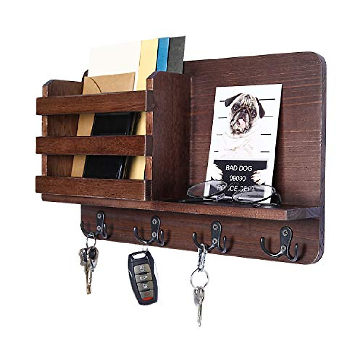 PAG Hanging Mail Organizer Entryway Wood Floating Shelf Accessories Storage Holder Rack with 4 Double Hooks, Brown
