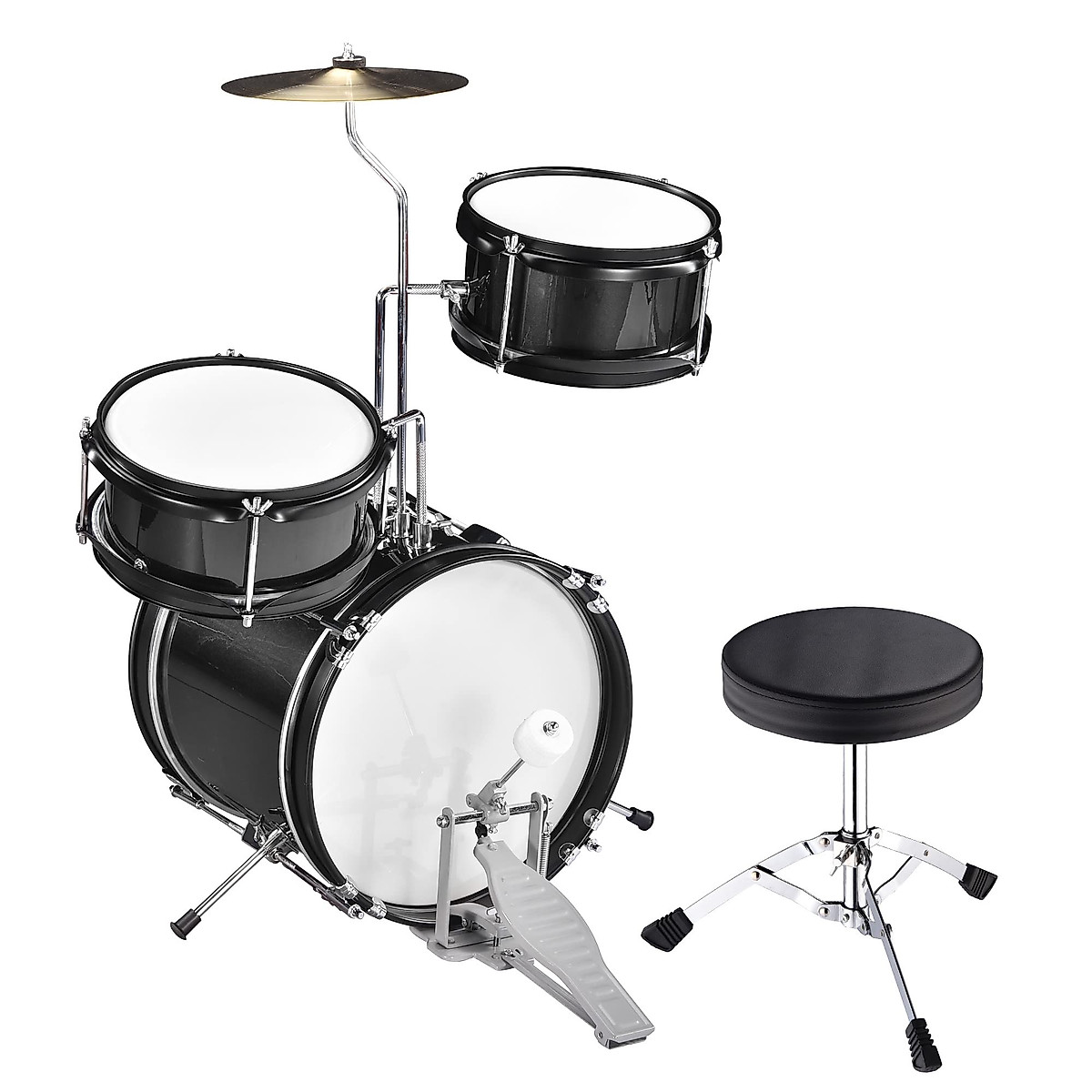 Drum Set 3-Piece Beginner Drum Set Junior Drum Set, Throne Stool, Drum Sticks, Bass Drum Pedal, Black