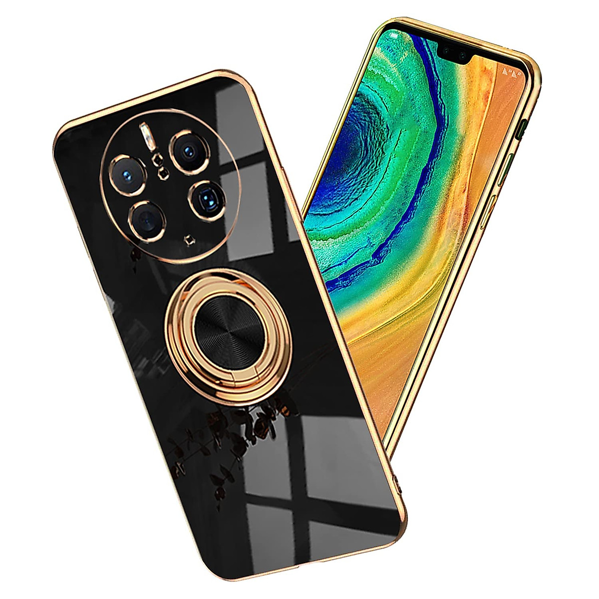 Yarxiawin Compatible with Huawei Mate 50 Pro Case with Ring Holder Pink, Aesthetic Huawei Mate 50 Pro Phone Case Silicone Soft TPU Slim Cover Shockproof Luxury with Kickstand (Black)