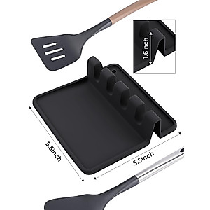 Silicone Spoon Rest with Drip Pad for Stove Top(2PCS), Large Utensil Rest for Multiple Utensils, Heat-Resistant & Dishwasher Safe Kitchen Utensil Holder for Spatula, Ladle, Kitchen Gadgets (Black)