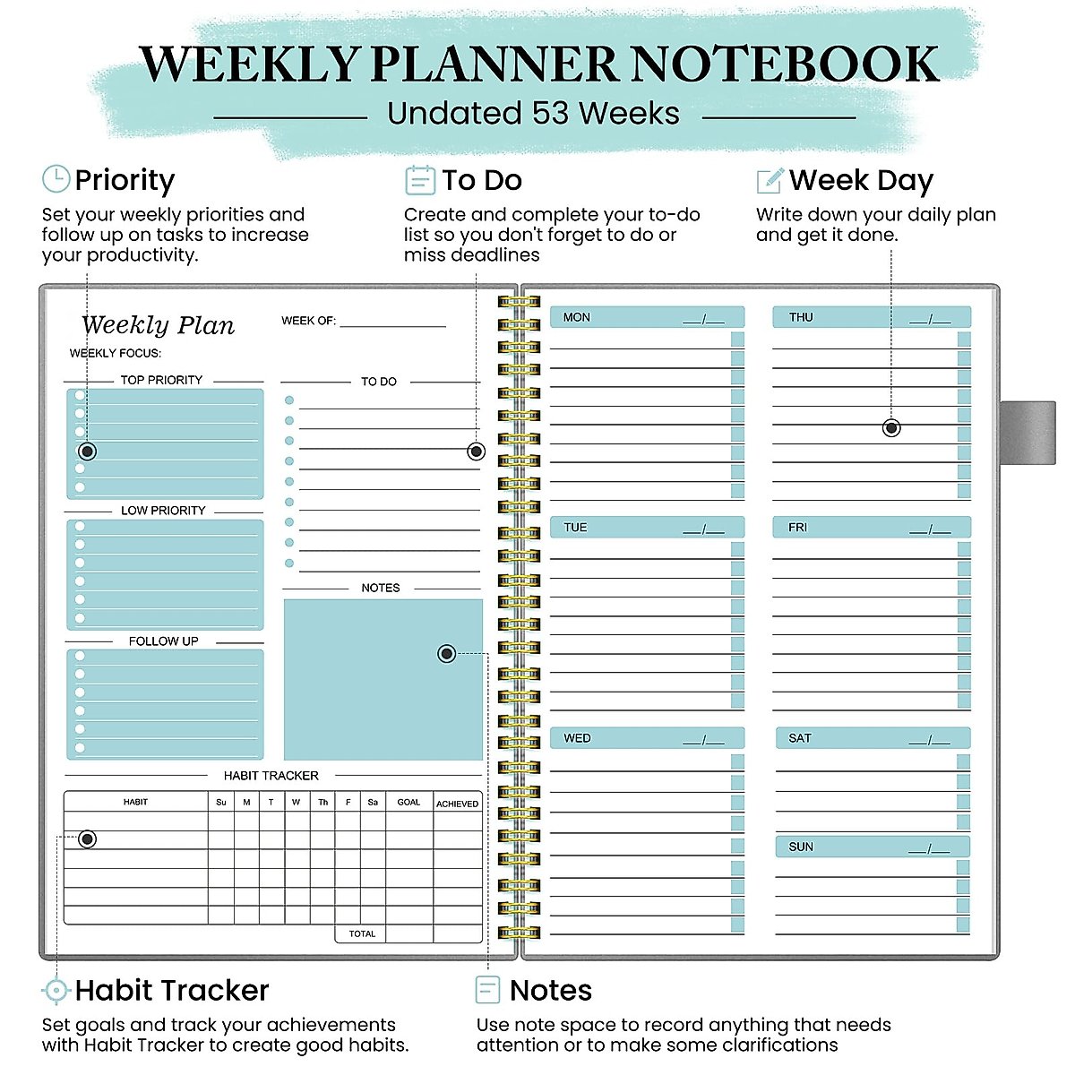 7"x10" Undated Weekly Planner, 53 Weeks To Do List Goals Notebook with Spiral Binding, Flexible Cover, Perfect for Daily & Weekly Plan (Gray)